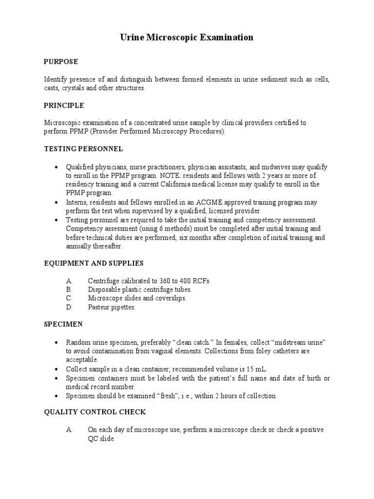 Urine Microscopic Examination Protocol | PDF