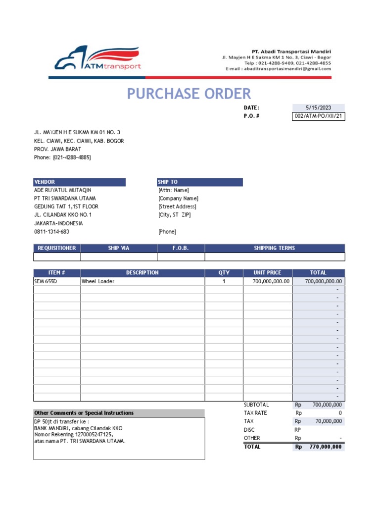 Purchase Order for Wheel Loader | PDF