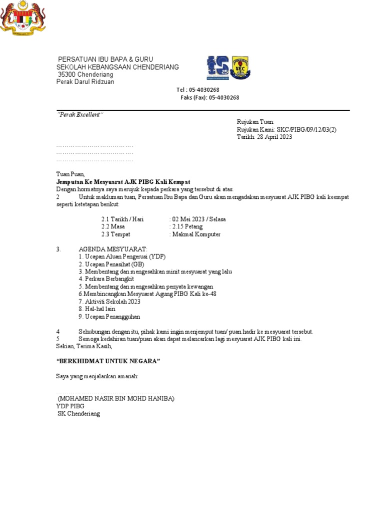 "Perak Excellent": Jemputan Ke Mesyuarat AJK PIBG Kali Kempat | PDF