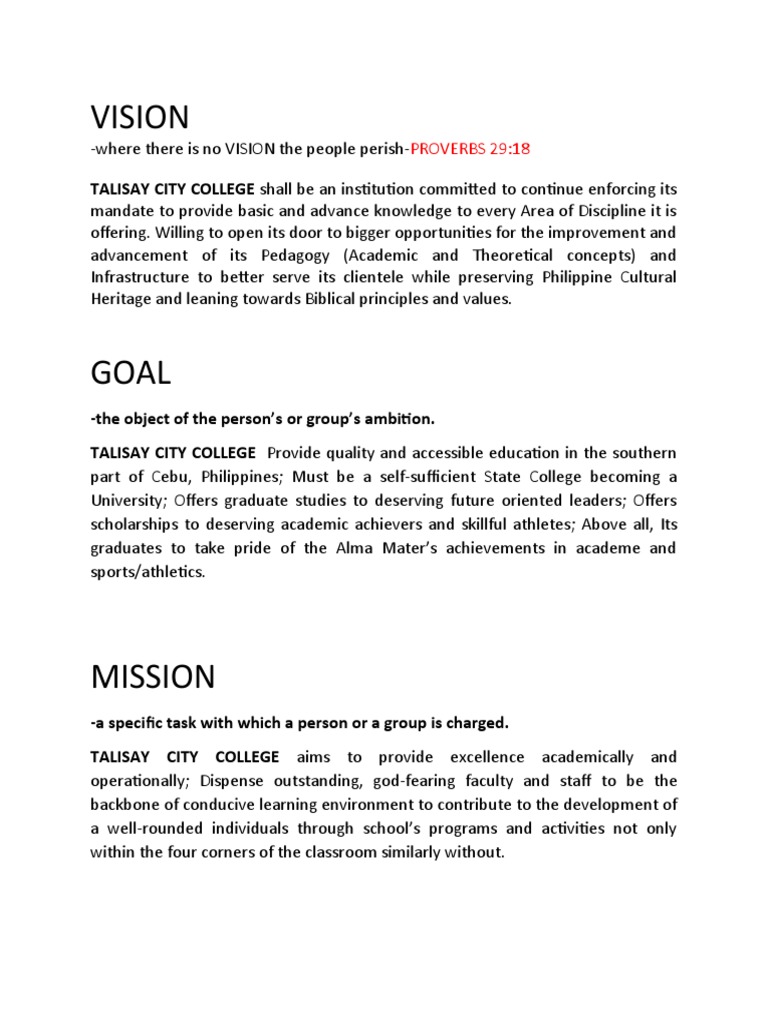 Talisasy City College VISION, Vision and Goal | PDF