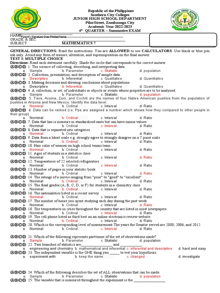 Grade 7 4th Quarter Summative Exam | PDF | Statistics | Level Of ...