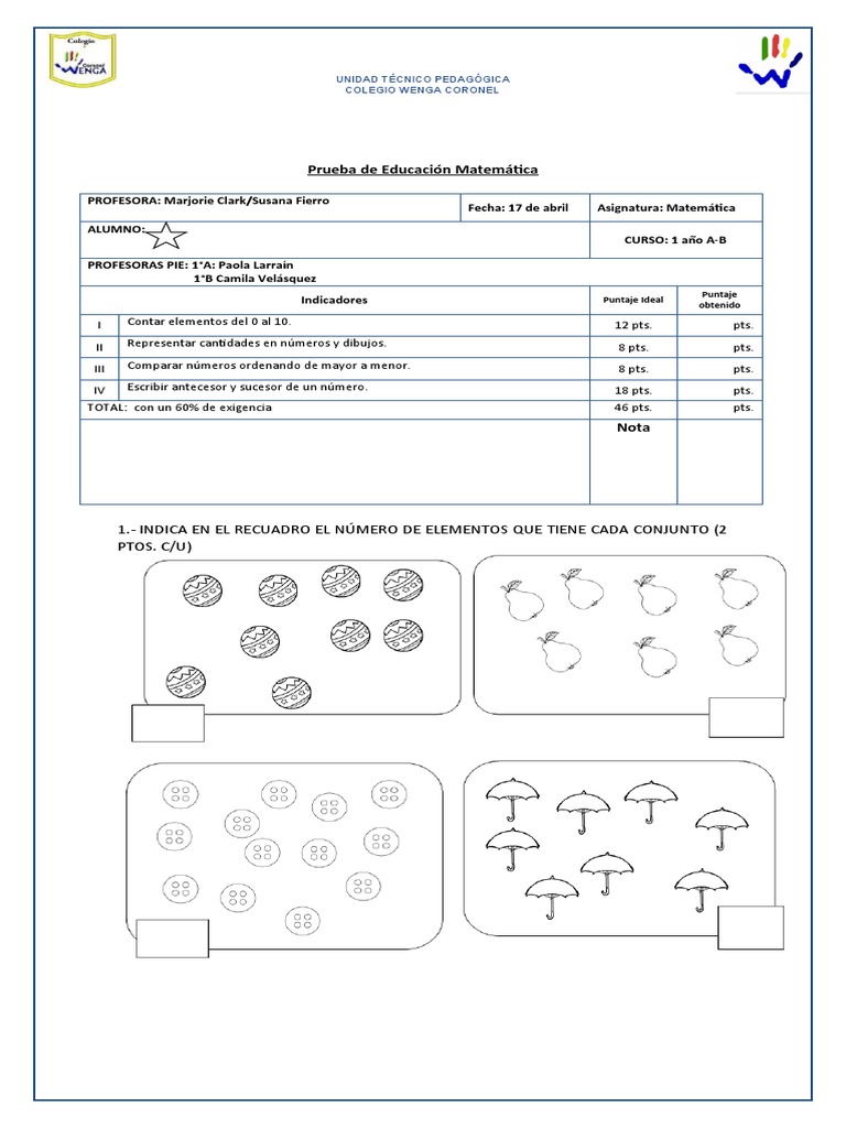 Prueba #1 Numeración 0-10 | PDF