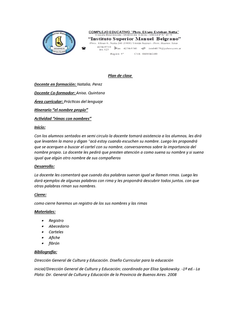 Plan de Clase Rimas Con Nombre | PDF