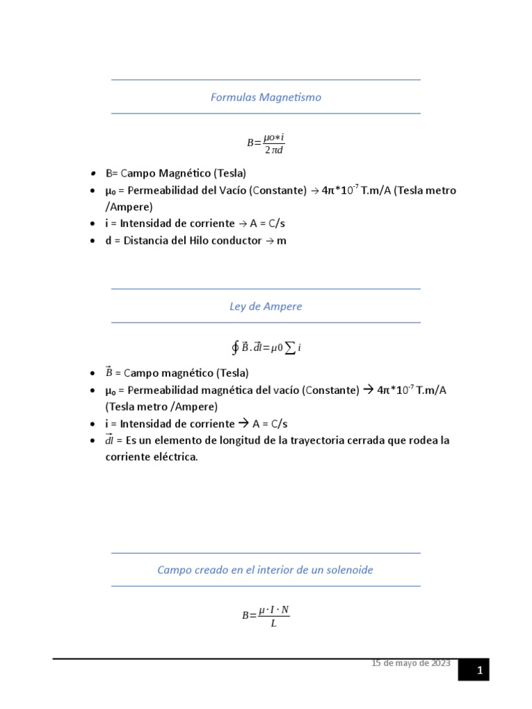 Formulas Magnetismo | PDF | Campo magnético | Corriente eléctrica