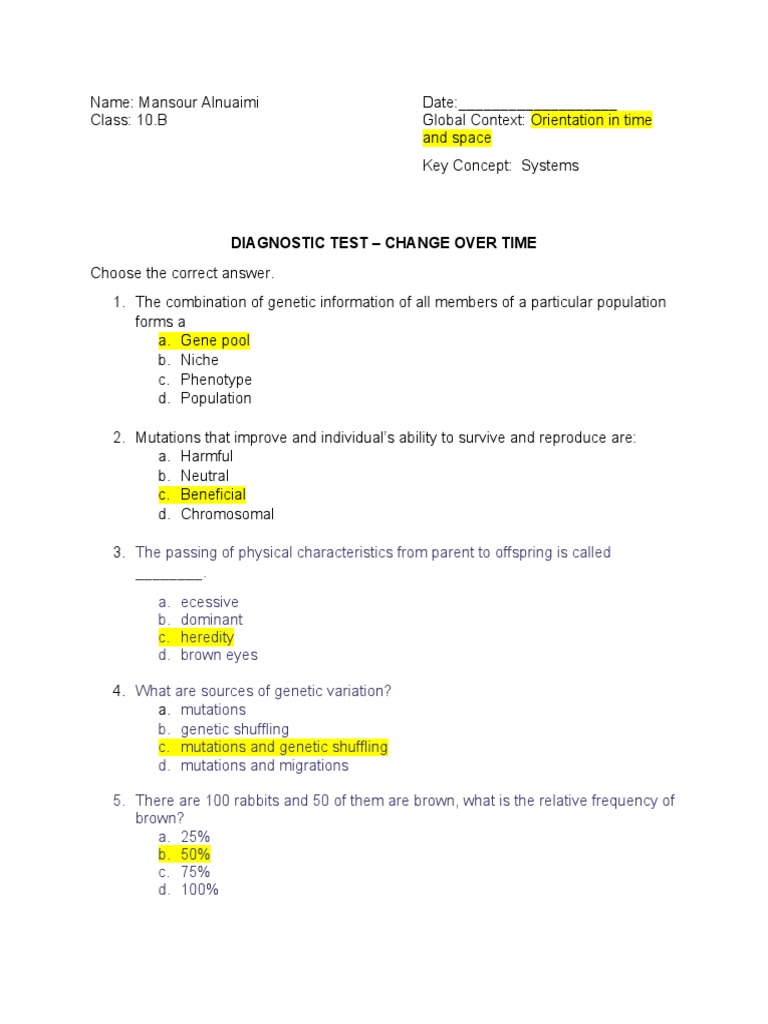 Diagnostic Test | PDF | Natural Selection | Genetics