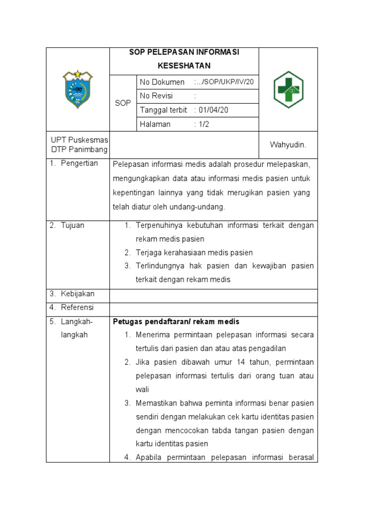 Sop Pelepasan Informasi Keseshatan | PDF