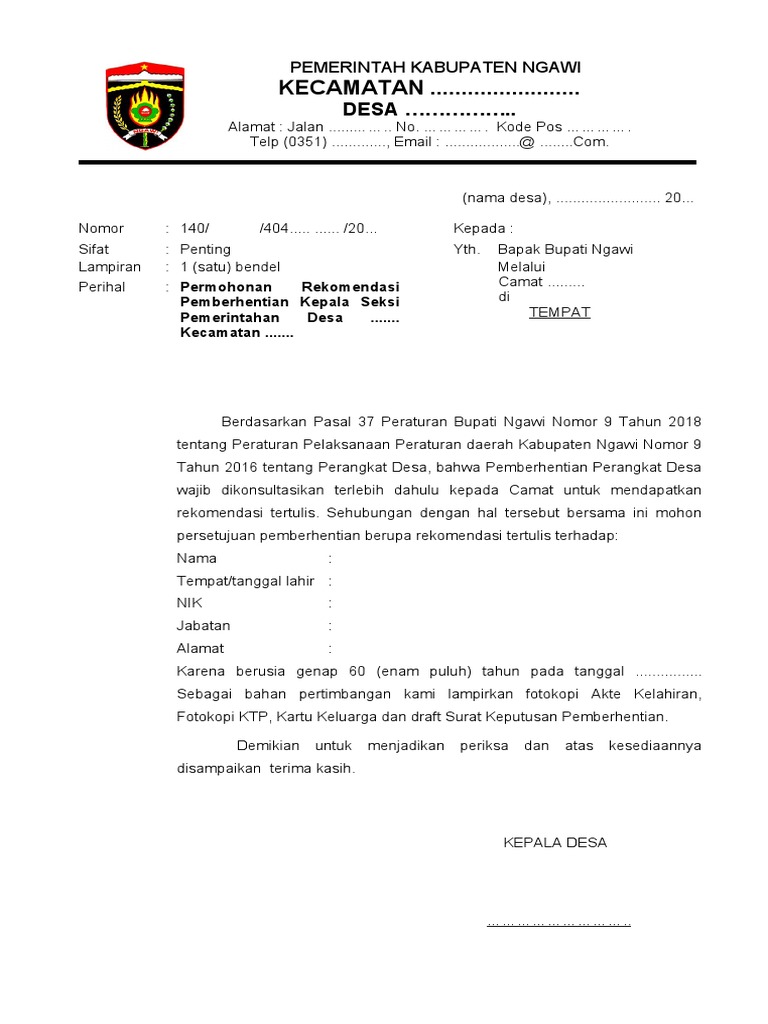Contoh Permohonan Rekom Pemberhentian Perangkat | PDF