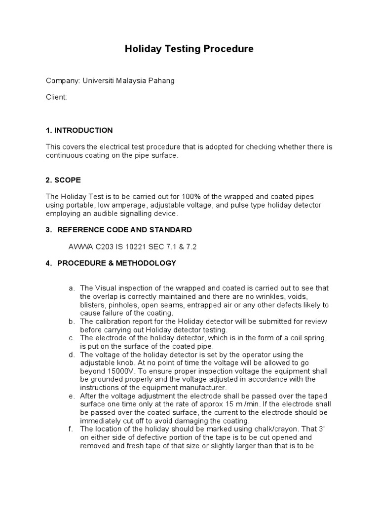 Holiday Testing Procedure | PDF | Detector (Radio) | Pipe (Fluid ...