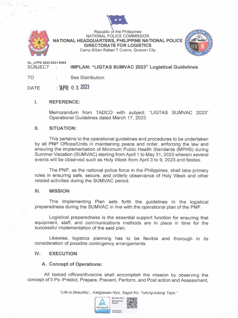 IMPLAN LIGTAS SUMVAC 2023 Logistical Guidelines | PDF