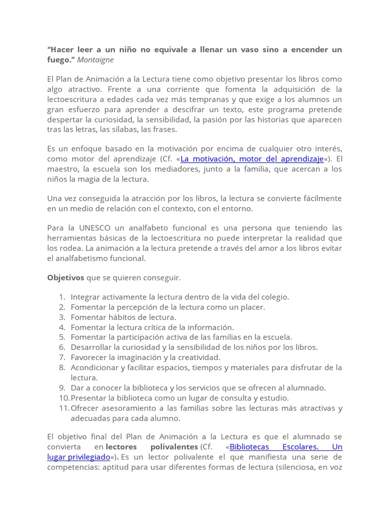 Para Planificacion Animacion A La Lectura | PDF | Aprendizaje | Cognición
