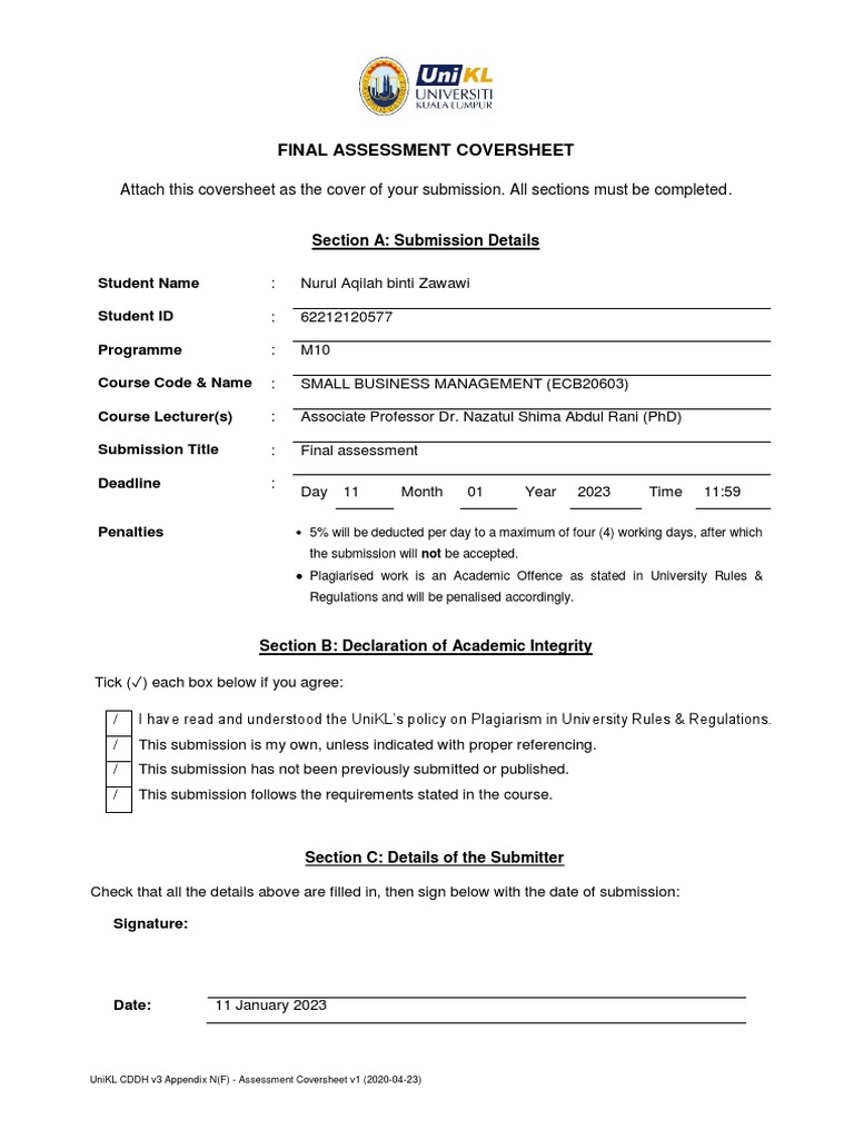 Student Assessment Coversheet | PDF