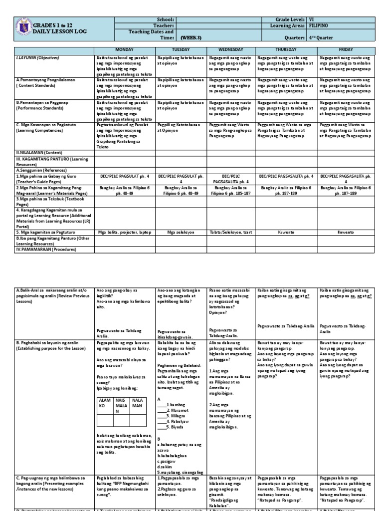 Grade 6 DLL FILIPINO 6 Q4 Week 3 | PDF