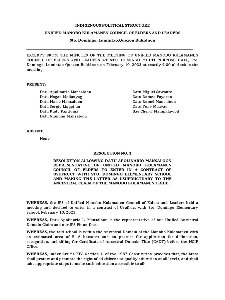 Sdes Manobo Kulamanen Tribe Resolution | PDF | Justice | Crime & Violence