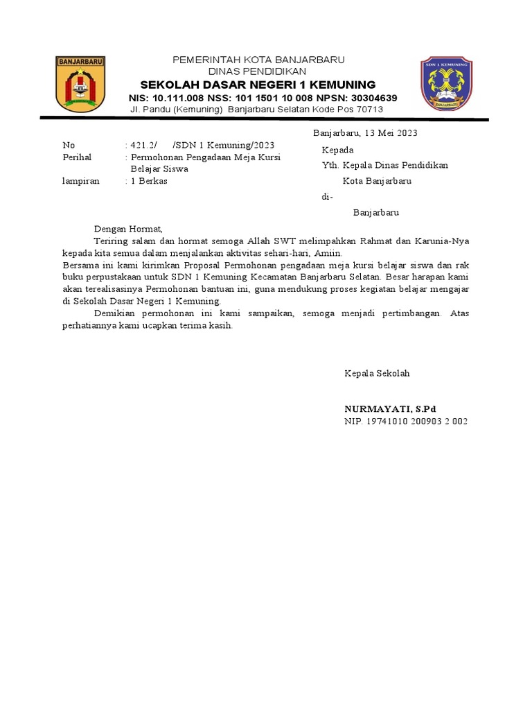 Proposal Permohonan Pengadaan Meja Kursi Belajar Siswa | PDF