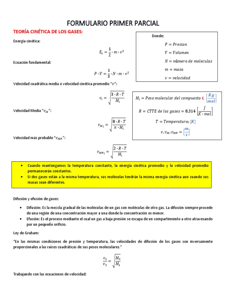 FORMULARIO PRIMER PARCIAL QMC-100.pdf | PDF | Viscosidad | Gases