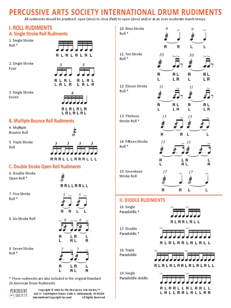 Percussive Arts Society International Drum Rudiments | PDF