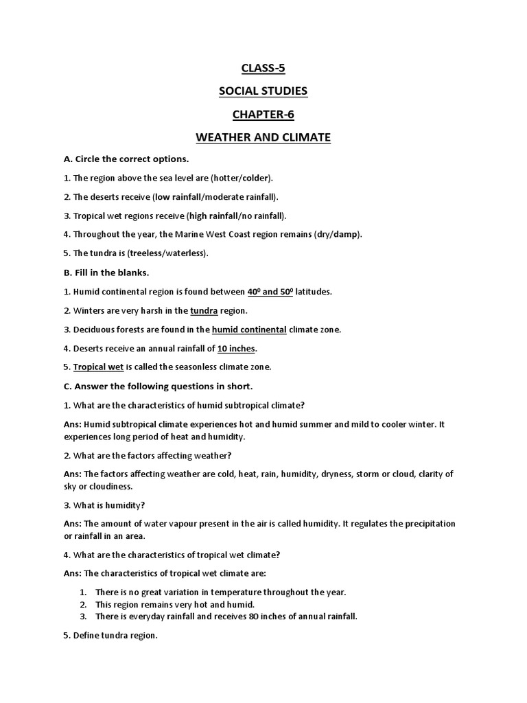 Class 5 Subject Social Studies Chapter 6 Weather and Climate | PDF