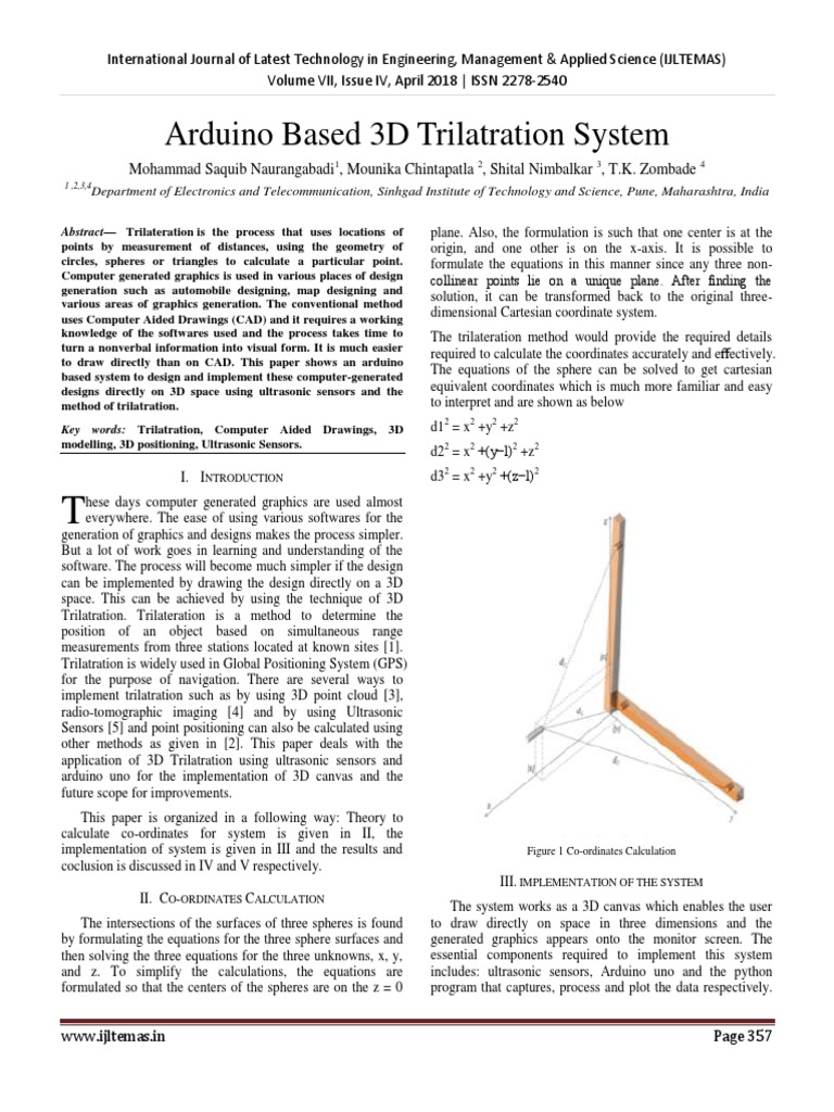 Arduino Based 3d Trilatration System Pdf Arduino Cartesian Coordinate System