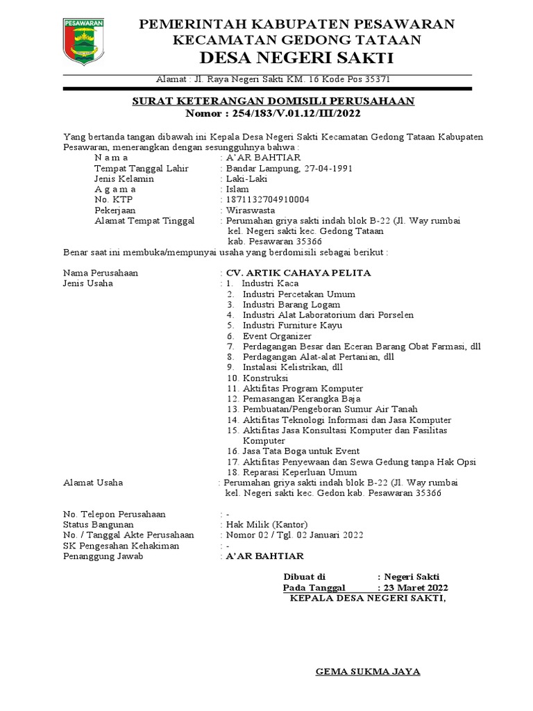 Domisili-CV. ARTIK | PDF