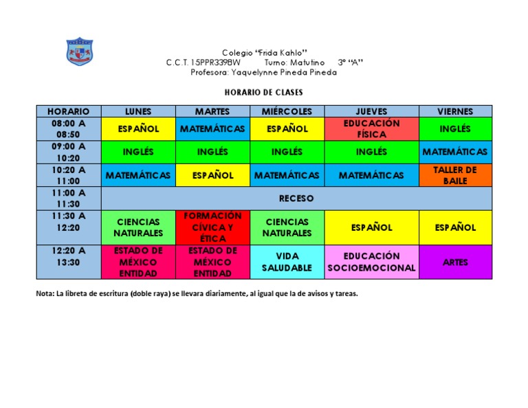 Horario de Clases 3° A - Colegio Frida Kahlo | PDF
