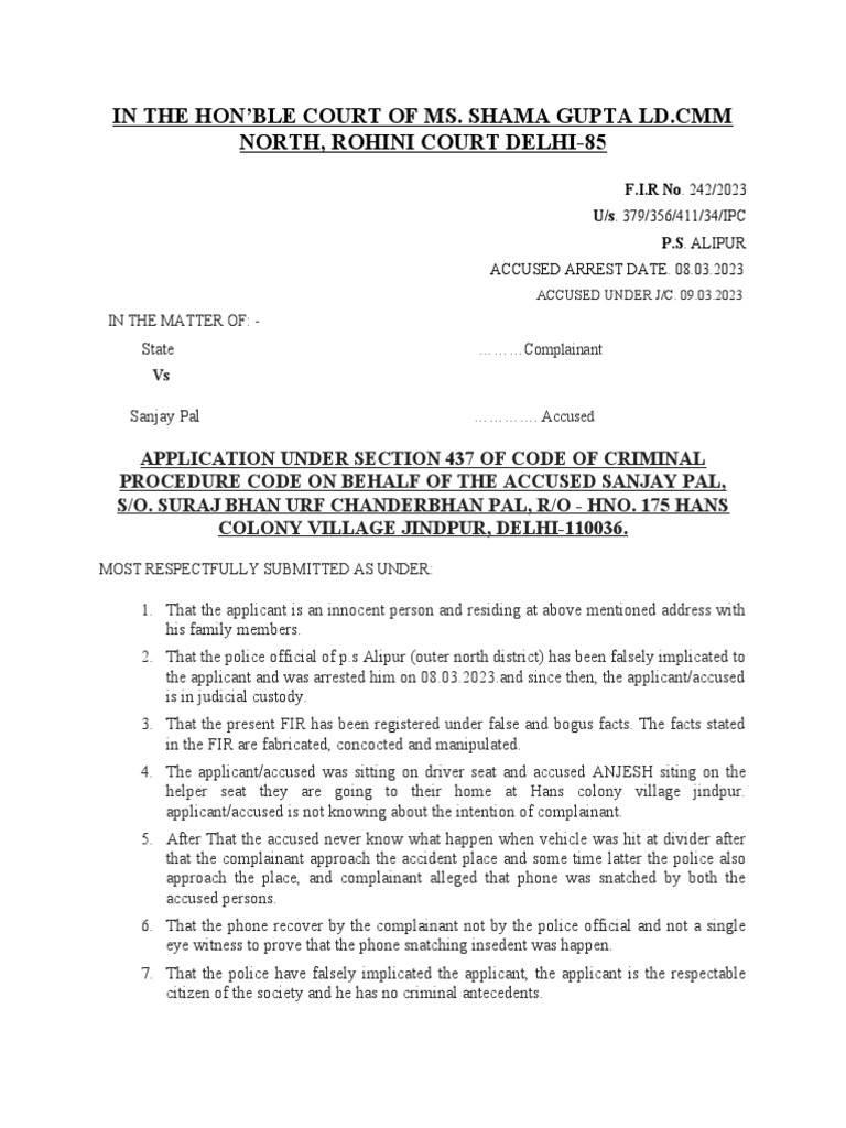 BAIL APPLICATION UNDER 437 Crpc STATE VS SANJAY PAL FINAL | PDF | Bail | Judiciaries