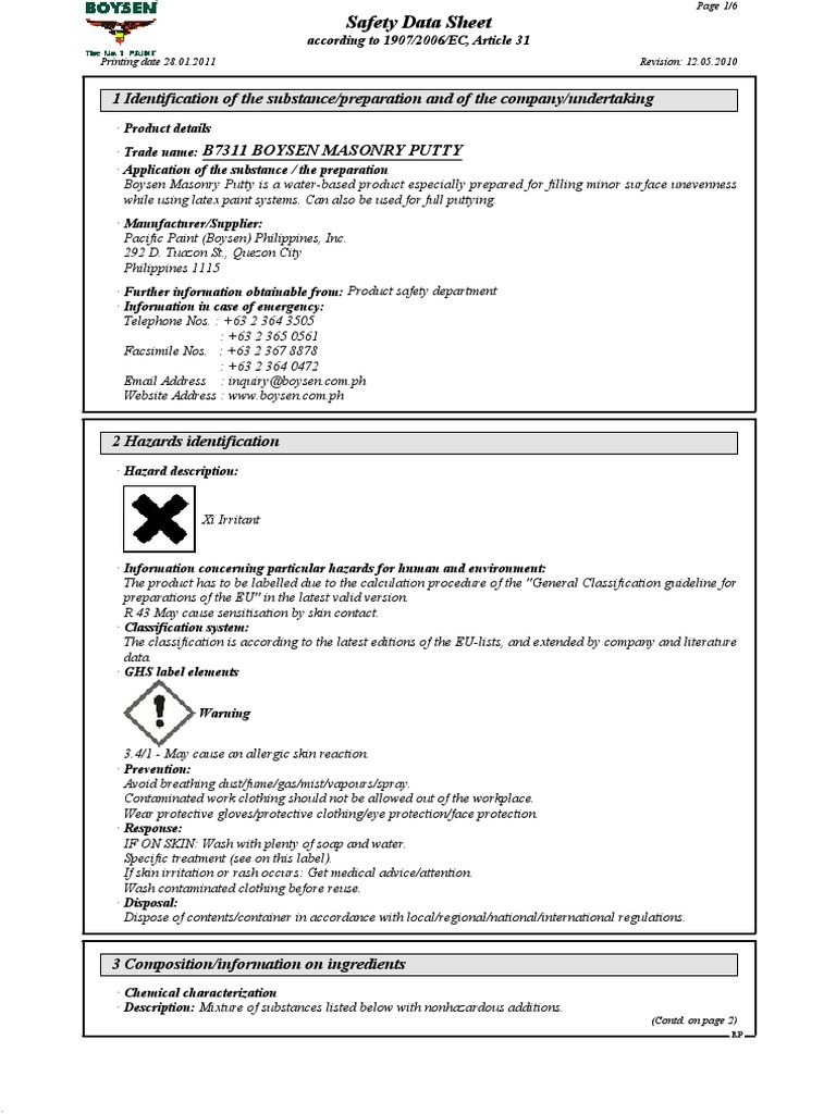 B7311 Boysen Masonry Putty | PDF | Physical Sciences | Chemical Substances