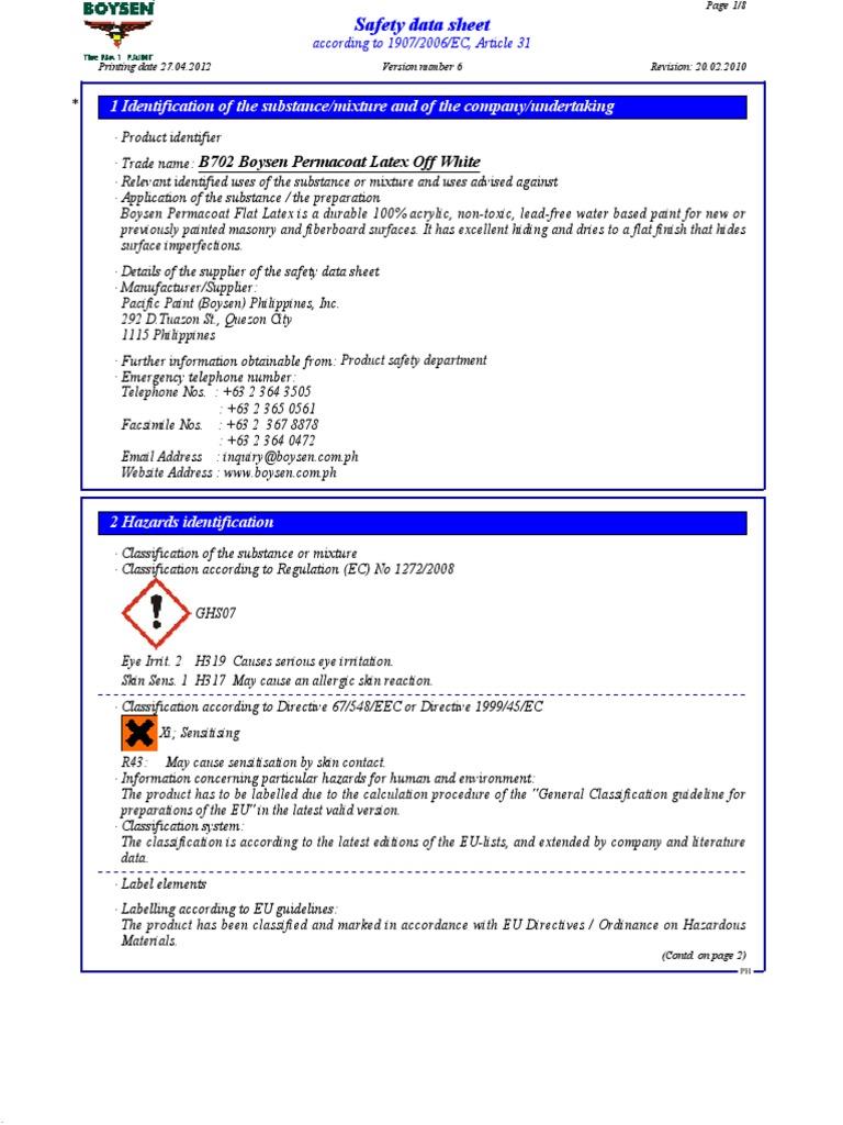 B702 Boysen Permacoat Latex Off White | PDF | Dangerous Goods | Toxicity