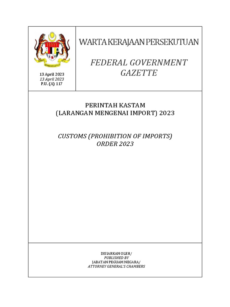 PU (A) 117 - Perintah Kastam (Larangan Mengenai Import) 2023 PDF | PDF
