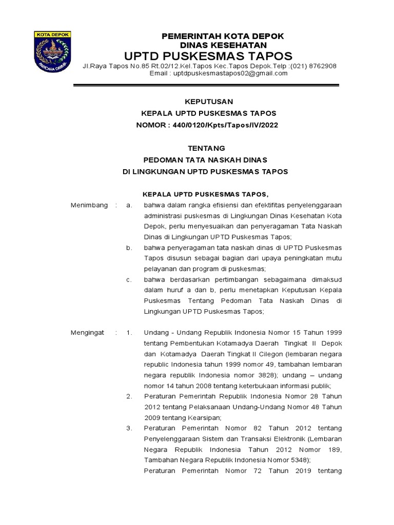0120 SK TATA NASKAH Puskesmas Tapos 2022 | PDF