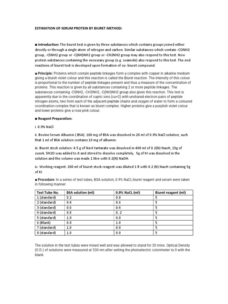 Serum Protein Estimation by Biuret Method | PDF | Chemistry | Chemical ...