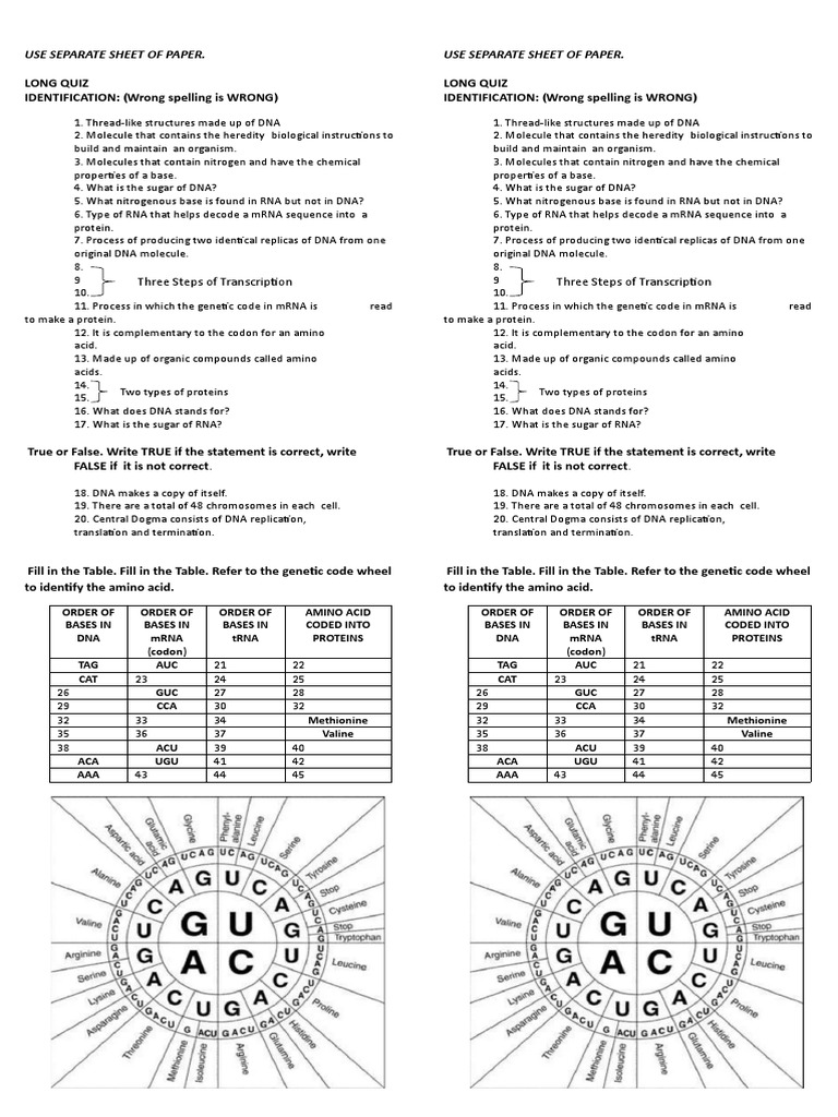 Long Quiz - Dna Rna | PDF | Genetic Code | Dna