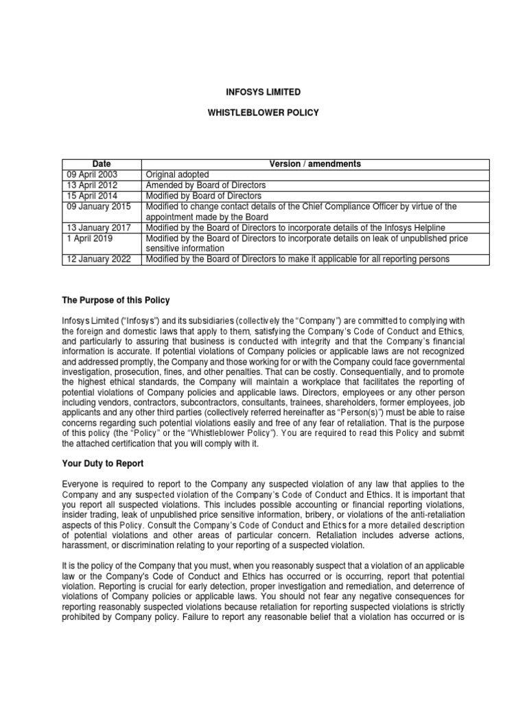 Infosys Whistleblower Policy Summary | PDF | Whistleblower | Regulatory Compliance