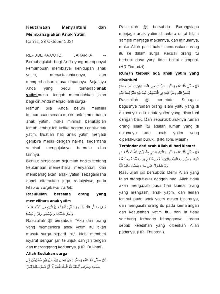 Keutamaan Menyantuni Dan Membahagiakan Anak Yatim | PDF