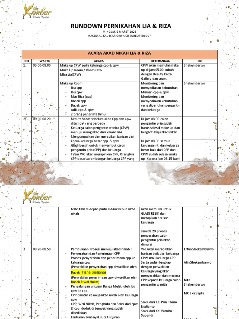 Rundown Akad Resepsi Lia & Riza 5 Maret Citeureup | PDF