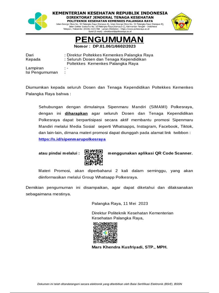 Pengumuman Promosi Sipenmaru Simami Pegawai 2023 PDF | PDF