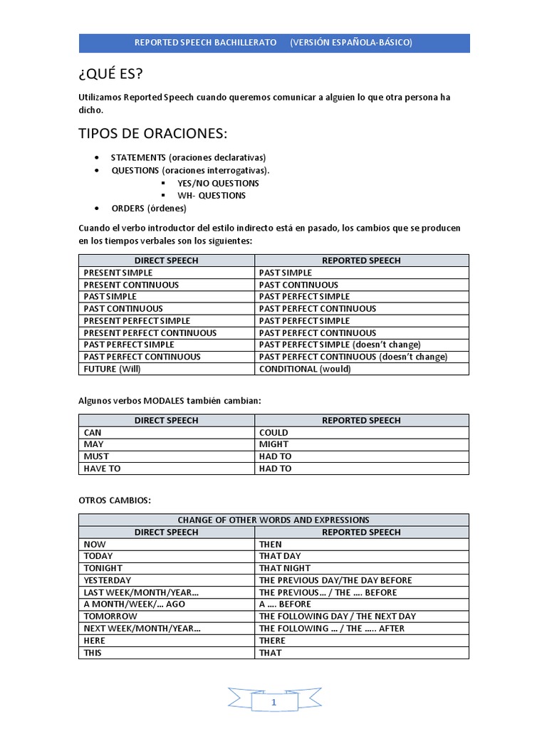 Reported Speech Spanish Version-3 | PDF | Language Mechanics ...