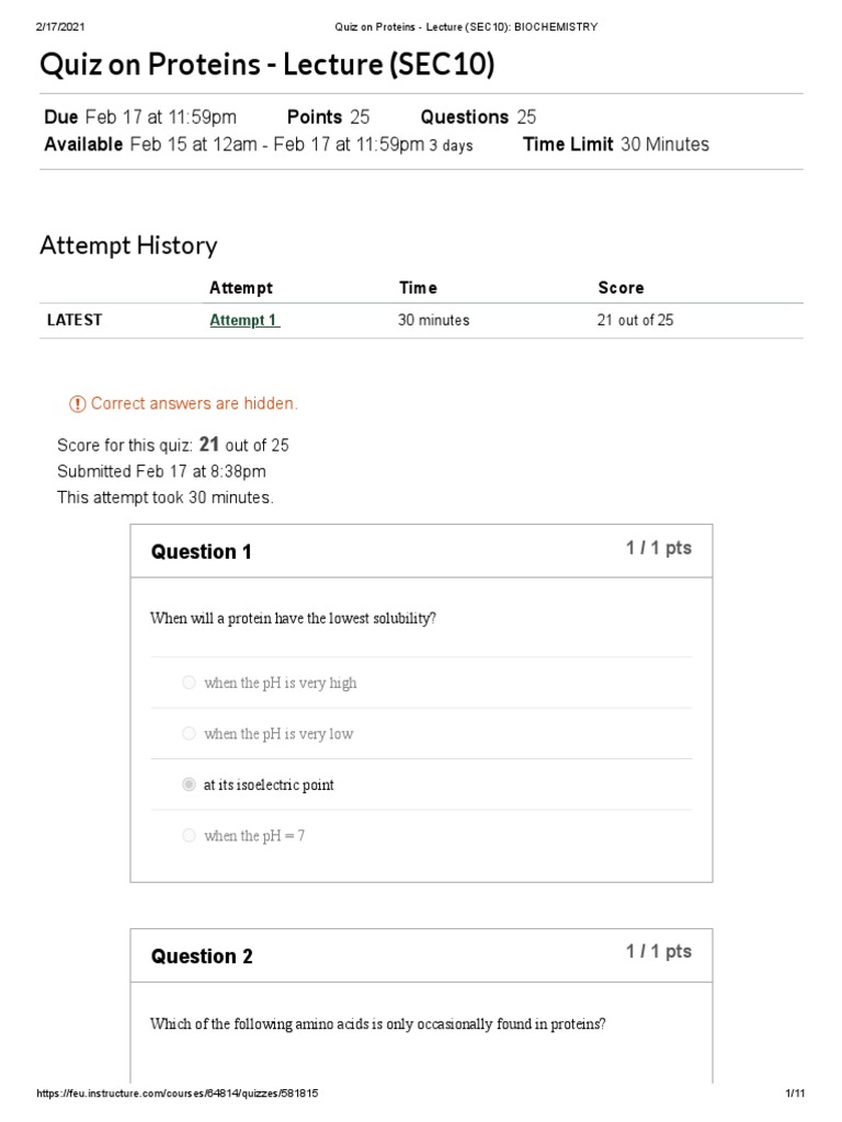 Quiz On Proteins Lecture SEC10 BIOCHEMISTRY PDF | PDF | Amino Acid ...