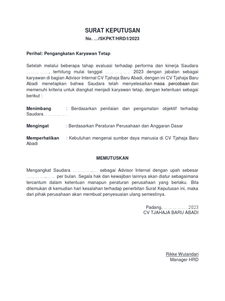 Surat Keputusan Pengangkatan Karyawan Tetap | PDF