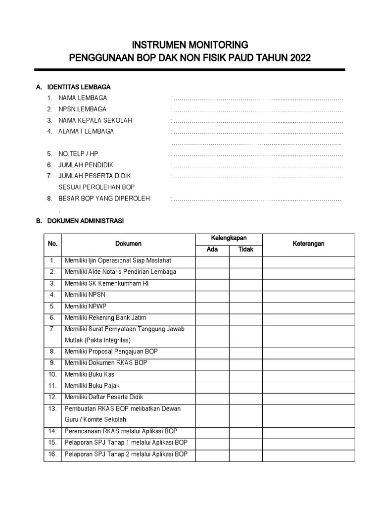 Instrumen Monev Paud | PDF