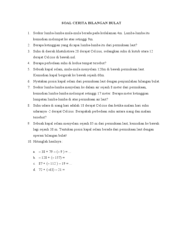 Soal Cerita Bilangan Bulat | PDF