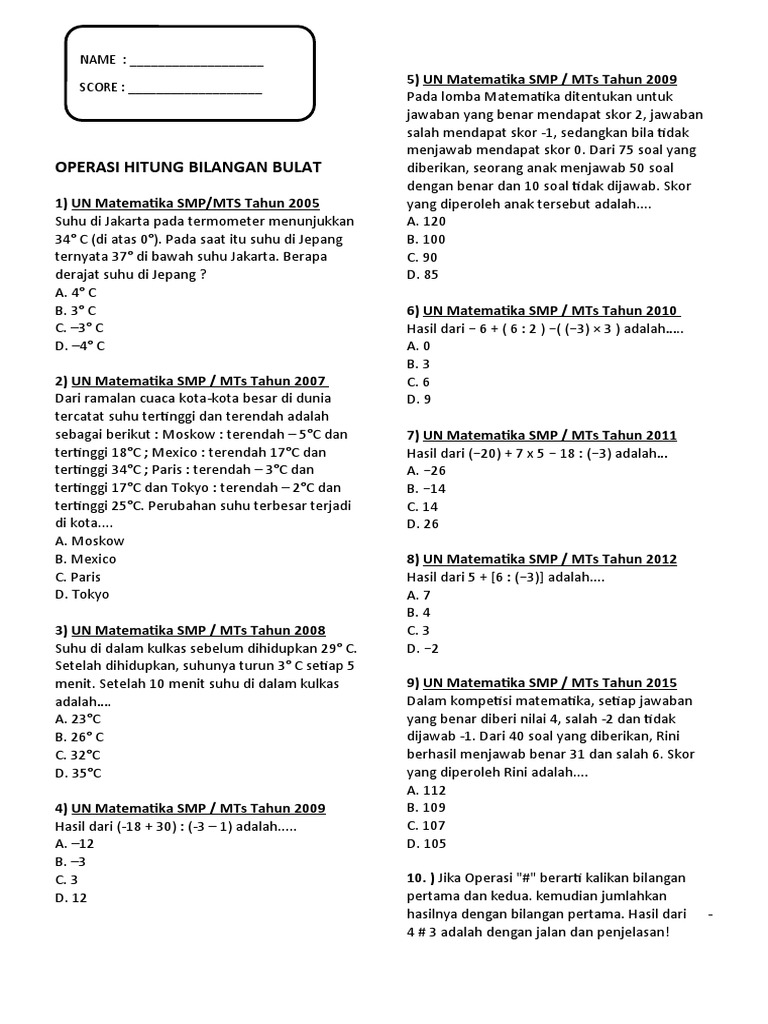 Operasi Hitung Bilangan Bulat | PDF