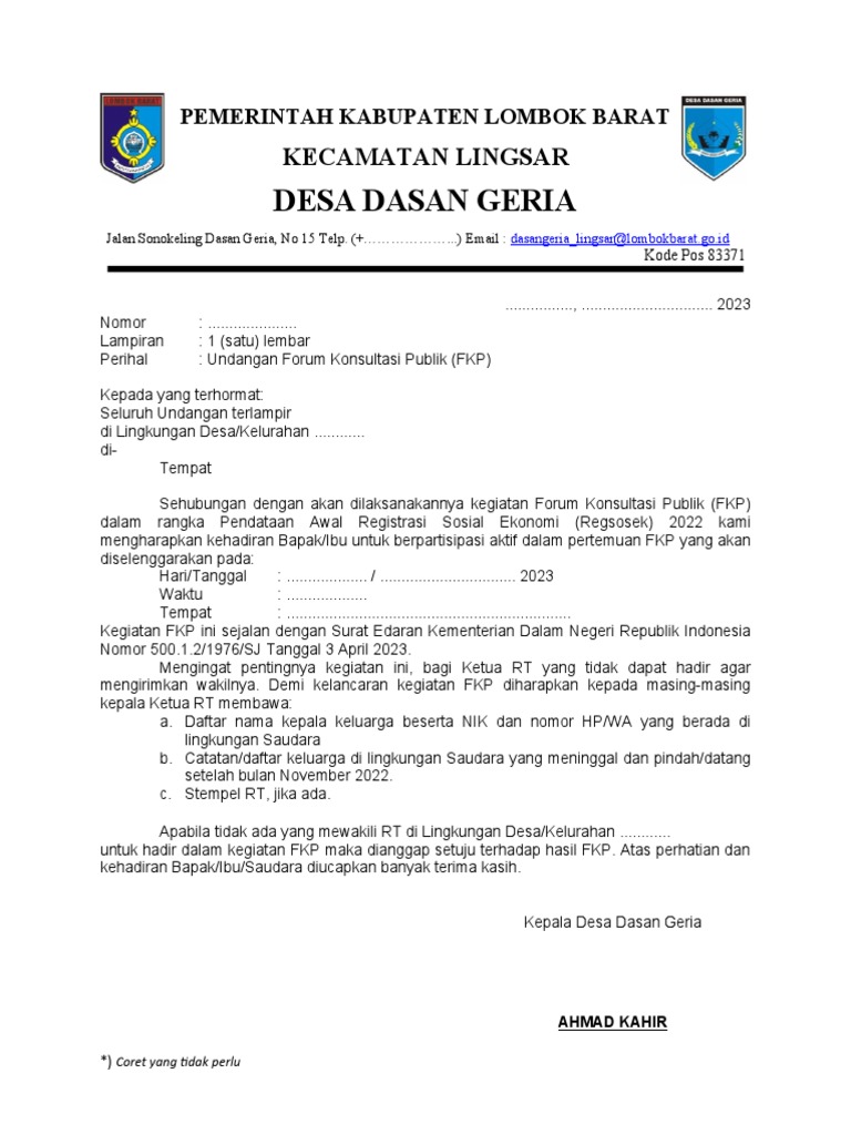 Dasan Geria Lampiran Format Surat Undangan FKP Dari DesaKelurahan | PDF | Griya & Taman