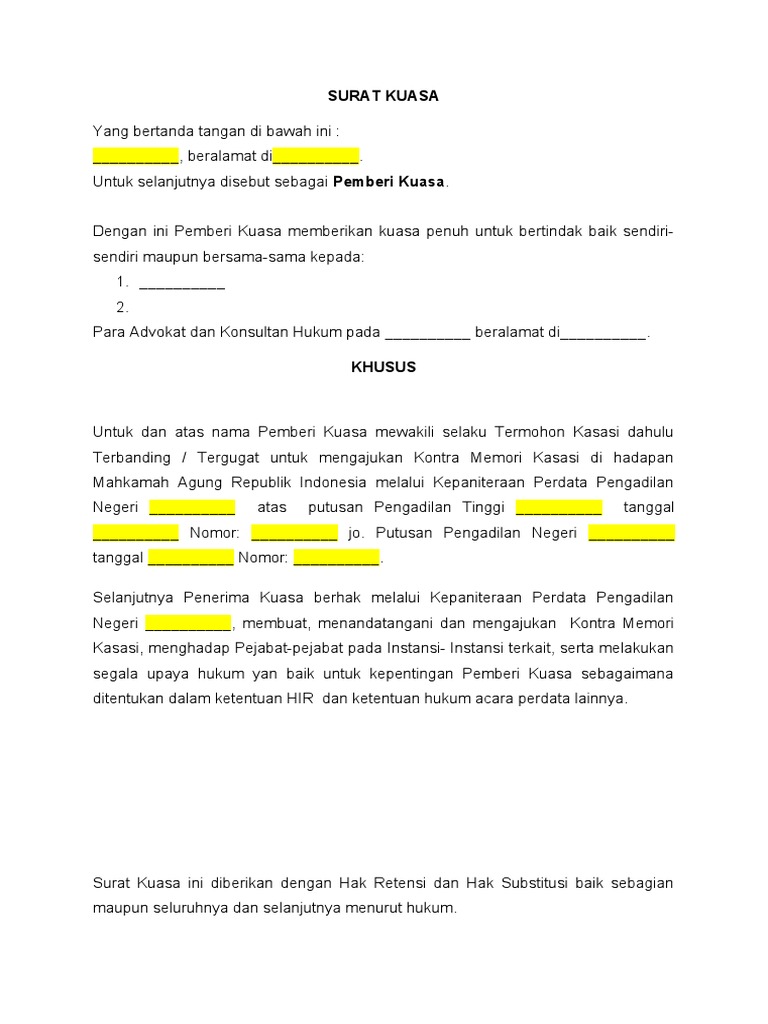 Surat Kuasa Kontra Memori Kasasi | PDF | Pengelolaan Keuangan & Uang