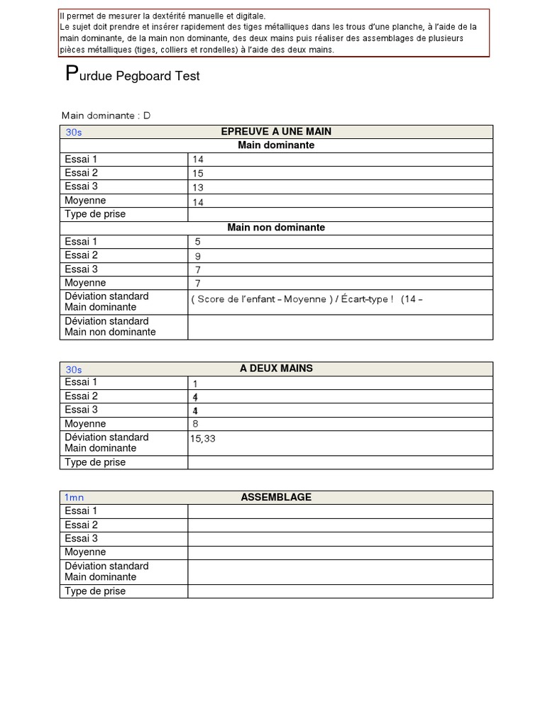 Test Purdue Pegboard : Résultats et Normes | PDF