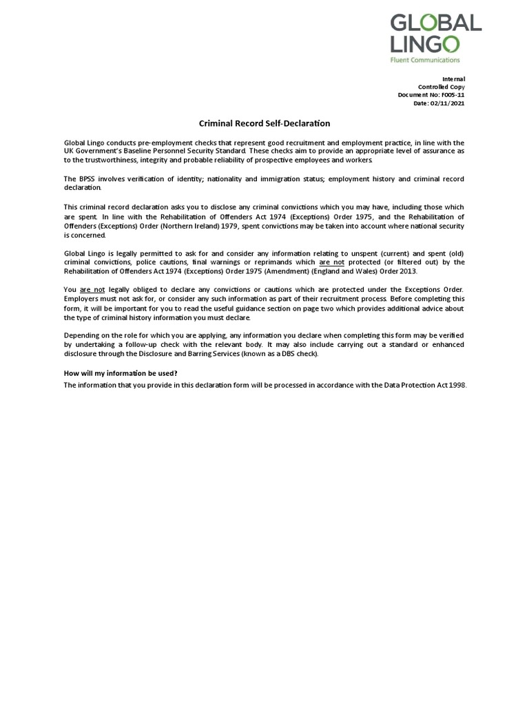 F005-11 Criminal Record Self Declaration | PDF | Criminal Record | Justice