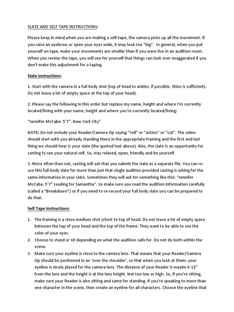 Slate and Self Tape Instructions | PDF | Camera