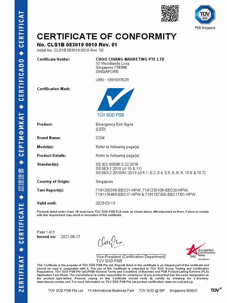 COC For CCM Exit Sign | PDF | Technology & Engineering