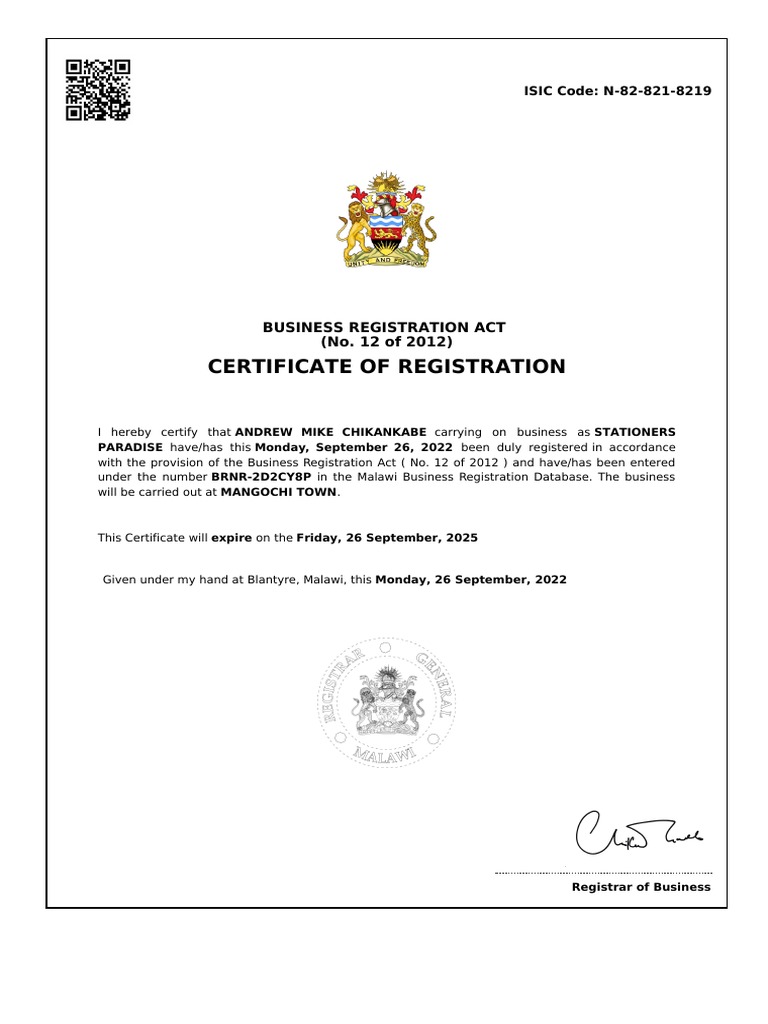 Malawi Business Registration Certificate | PDF | Business | Finance ...