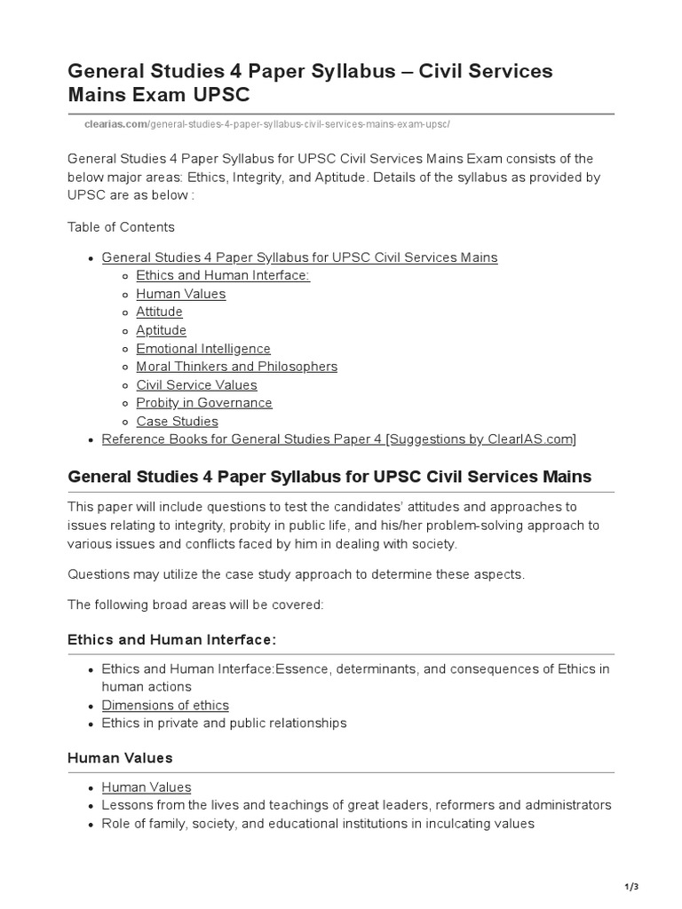 General Studies 4 Paper Syllabus Civil Services Mains Exam UPSC | PDF ...