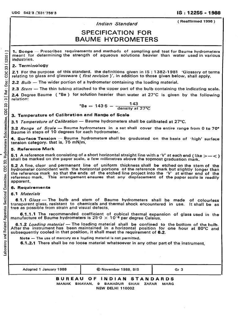 IS 12255 1988 Baume Hydrometers | PDF | Density | Metrology